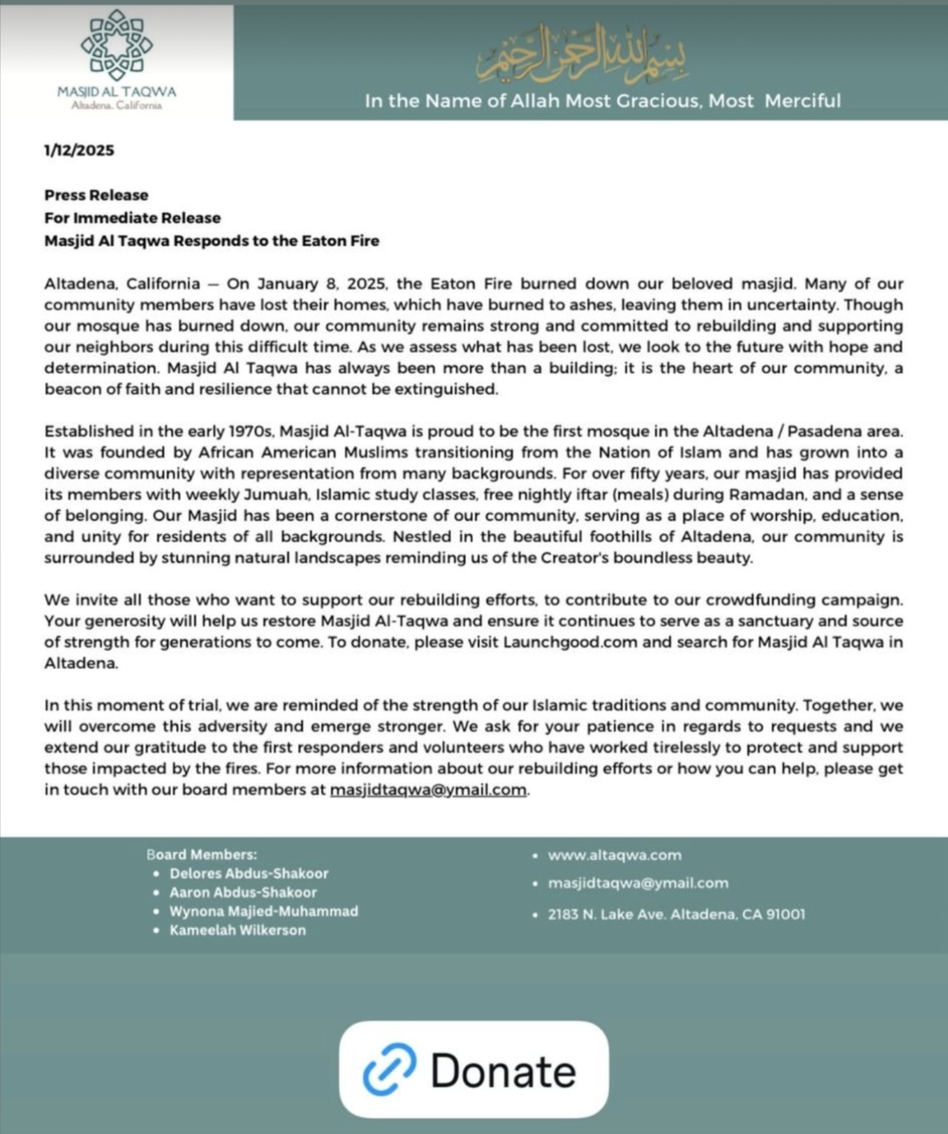 Help Restore Our Beloved Masjid in Altadena | LaunchGood | LaunchGood